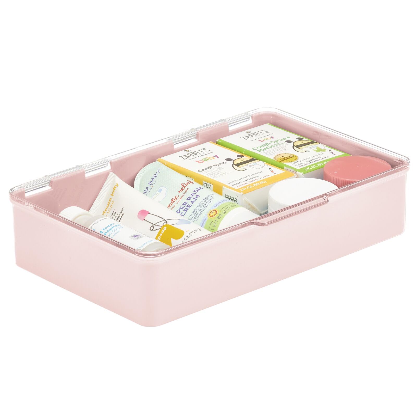 mDesign Plastic Household Storage Bin Box Organizer Container with Hinge Lid for Kitchen, Office, Bathroom, Bedroom, Hold Food, Snacks, Makeup, Toys, Work Supplies, Accessories, Light Pink/Clear