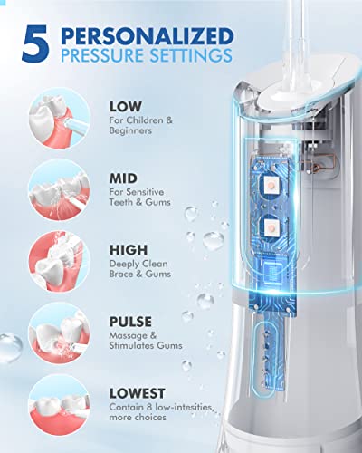 Water flossers Teeth, Cordless Cleaner, VAPTEC Cleaning flosser, Dental 400ml Large Capacity, Portable 360°Rotation 5 Cleaning DIY Modes 6 remplaceable Tips, flossers for Braces, White