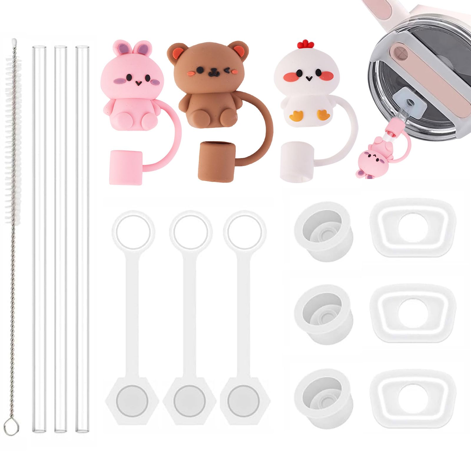Stanley Cup Accessories Set Including 9 Pcs Silicone Spill Proof Stopper,3 Pcs Straw Cover Cap for 9-10 mm animal Straw Topper, 3Pcs Reusable Straw and 1 Cleaning Brush for Stanley Cup 40oz & 30oz