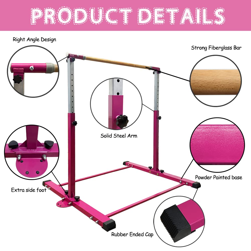 Peakpath Updated Expandable Gymnastics Kip Bar,Fiberglass Rail,Adjustable Height 3'-4.8' Junior Training Bar,Home Gym Equipment,Ideal for Indoor and Home Training,1-4 Levels,300lbs Weight Capacity