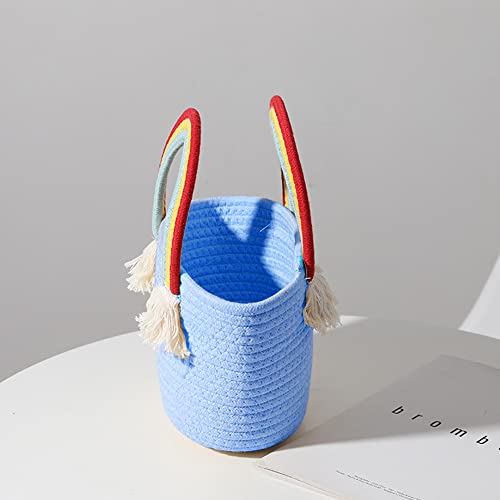 QTK Beach Tote Handmade Cotton Woven Rainbow Bag, Summer Beach Bags for Women, Color Tassel Rainbow Handle(Blue)