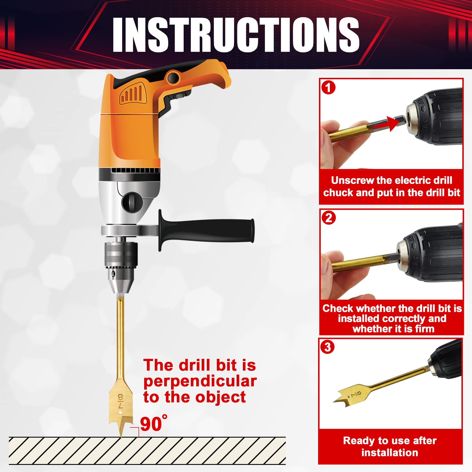 wesleydrill 6PCS Spade Drill Bit Set Paddle Flat Bits 3/8"-1" Flat Wood Hole Cutter Fit for Most Types of Wood as Well as Fiberglass