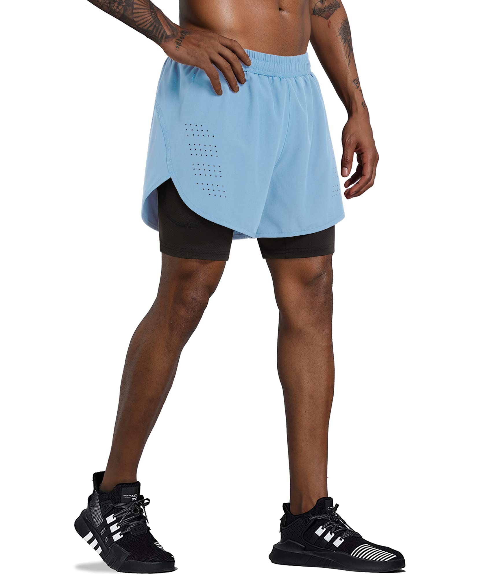 Lulucleaf Running Shorts for Men with Liner Mens 2 in 1 Workout Athletic Yoga Shorts (Light Blue, XL)