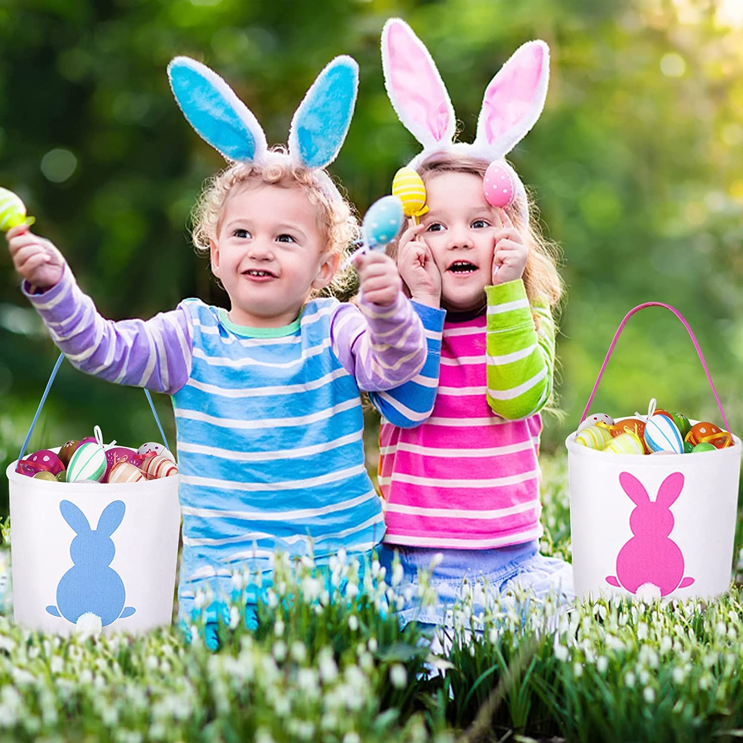 Yunsuelo 3 Pack Easter Egg Hunt Basket Bags for Kids Bunny Canvas Tote - Cotton Carrying Gift and Eggs Hunt Bag