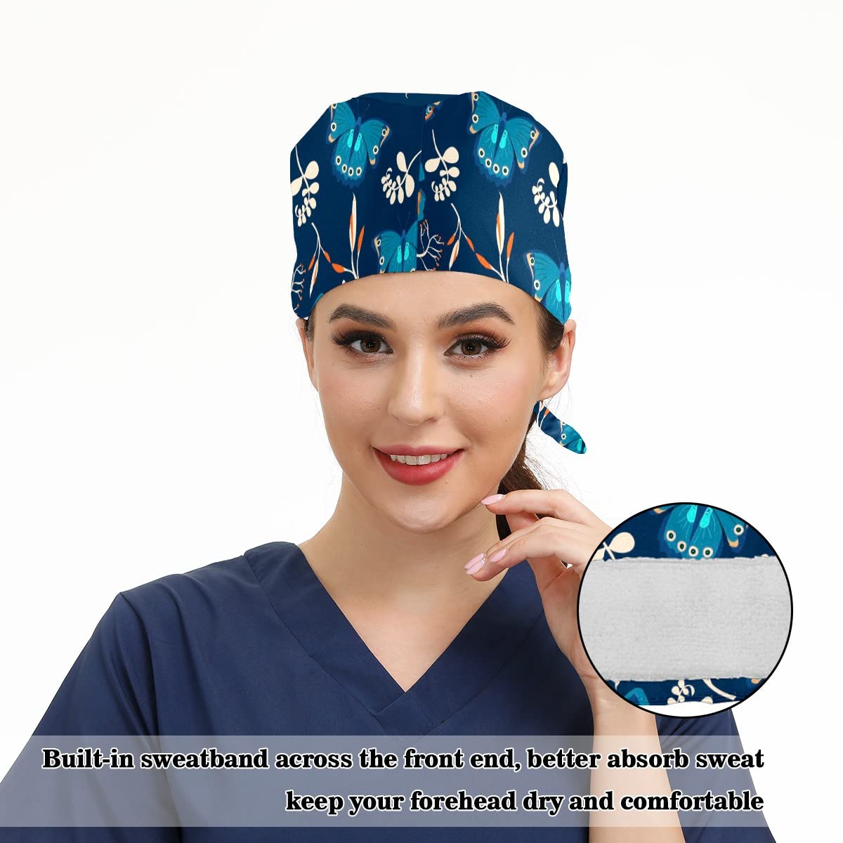 Printed Working Cap Flower Butterfly Grass Insect Plant Blue Working Cap with Button and Sweatband Adjustable Tie Back Hat for Women Men