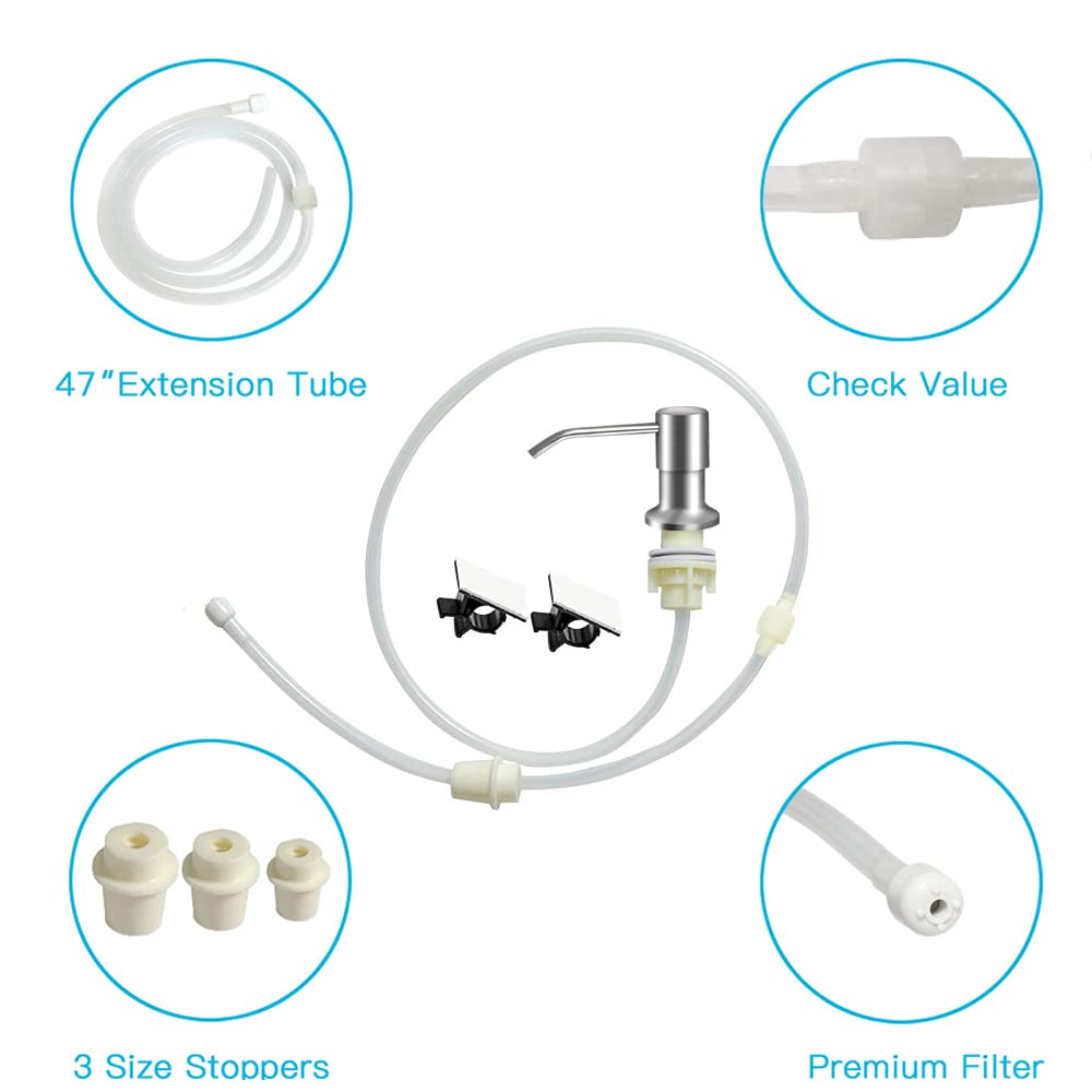 OHiHi Dish Soap Dispenser for Kitchen Sink (Brushed Nickel), Countertop Sink Soap Dispenser Water Pump with 47” No-Spill Extension Tube Kit Design for Kitchen Bathroom, No More Refills (Sliver)