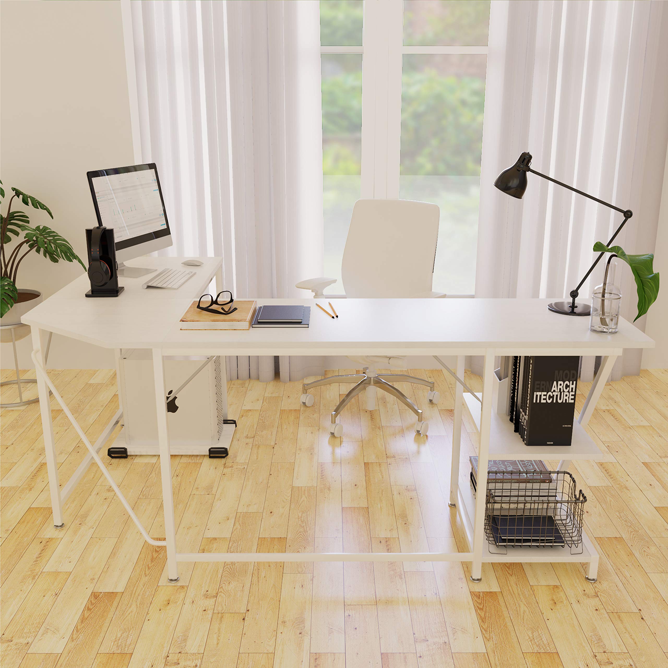 NOXU White L Shaped Desk with Shelves - Large Modern 66''x47''x29.5'' (LxWxH) - Reversible L Shaped Gaming Desk for Home or Office - Safe and Sturdy Computer Desk with Storage - Corner Desk Table