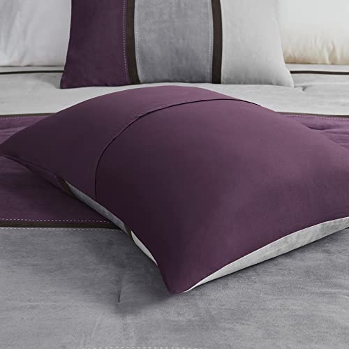 Madison Park Palisades Comforter Set Modern Faux Suede Pieced Stripe Design, All Season Down Alternative Cozy Bedding with Matching Shams, Decorative Pillows, Queen(90"x90"), Purple 7 Piece