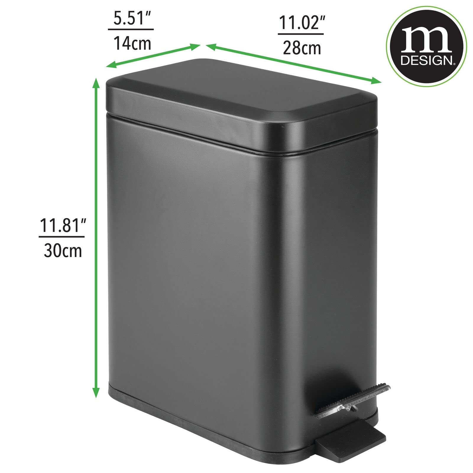 mDesign Slim Metal Rectangle 2.6 Gallon Trash Can with Step Pedal, Easy-Close Lid, Removable Liner - Narrow Wastebasket Garbage Container Bin for Bathroom, Bedroom, Kitchen, Office - Black