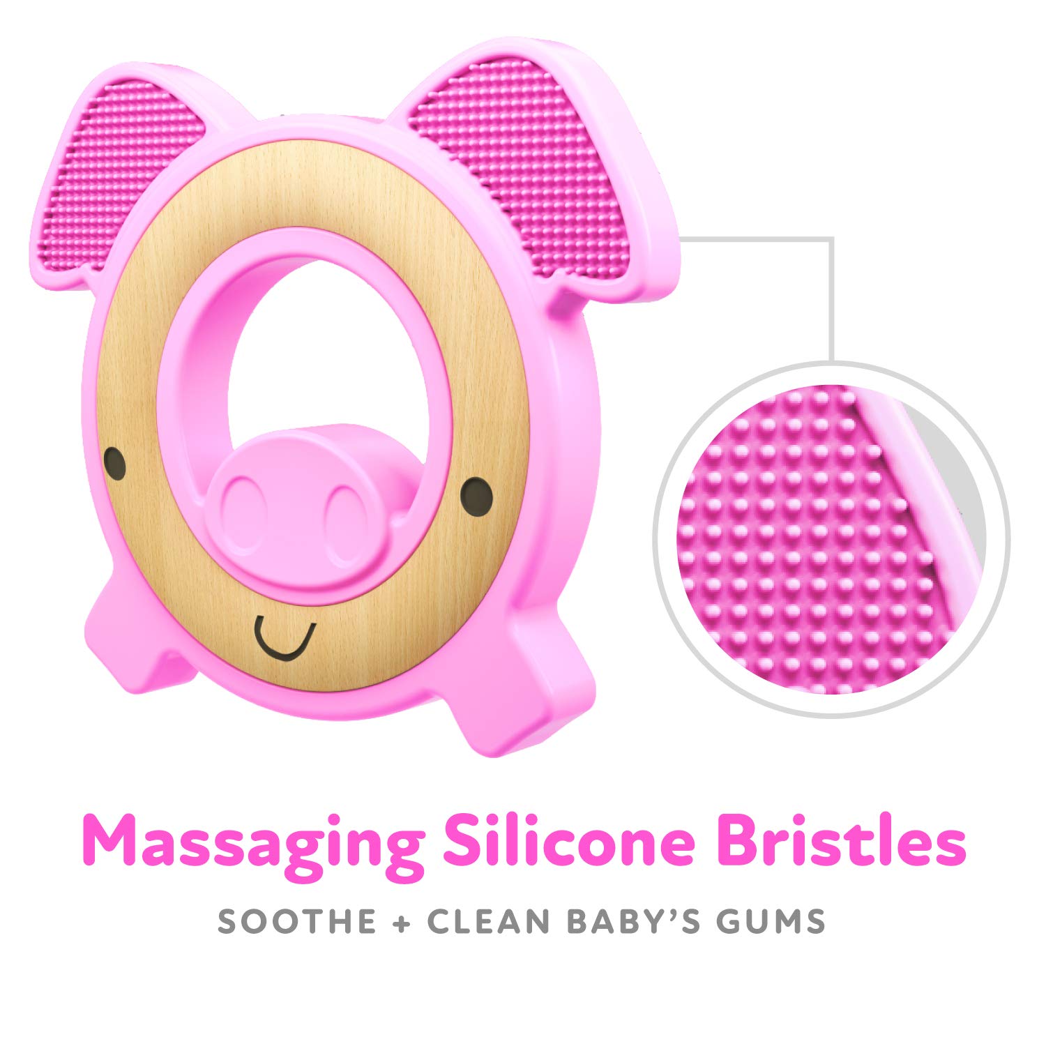 Nuby Natural Wood & Silicone Teether: Pig, 3M+, Pink (80803)