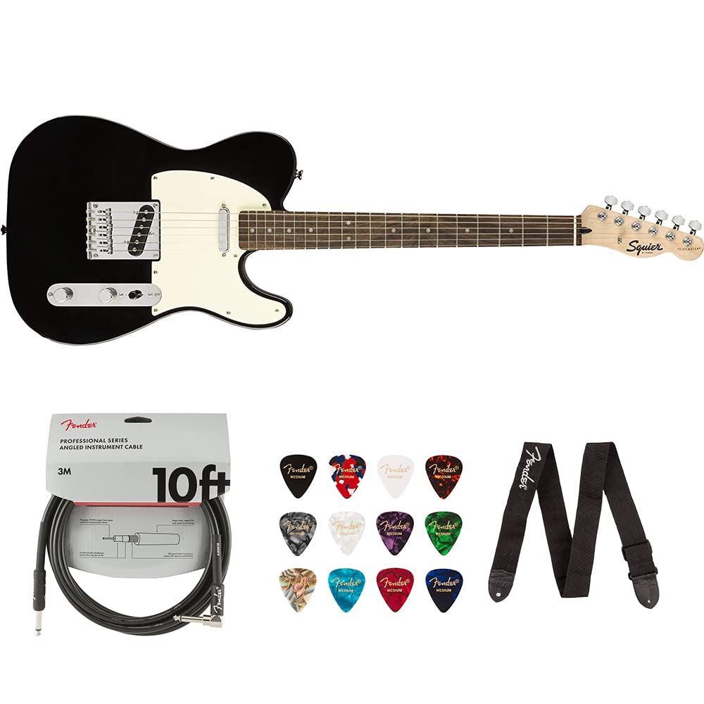 Squier by Fender Bullet Telecaster Laurel Fingerboard (Black) with Fender Pro 10ft Instrument Cable, Fender Celluloid Guitar 12-Pack Picks, and Fender 2" Guitar Straps