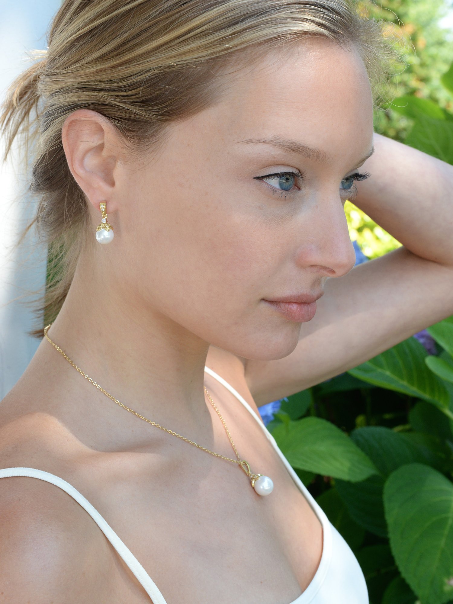 Mariell Gold Pearl Drop Bridal Necklace Earrings Set with CZ Crystals for Brides, Prom, Birthday Gift