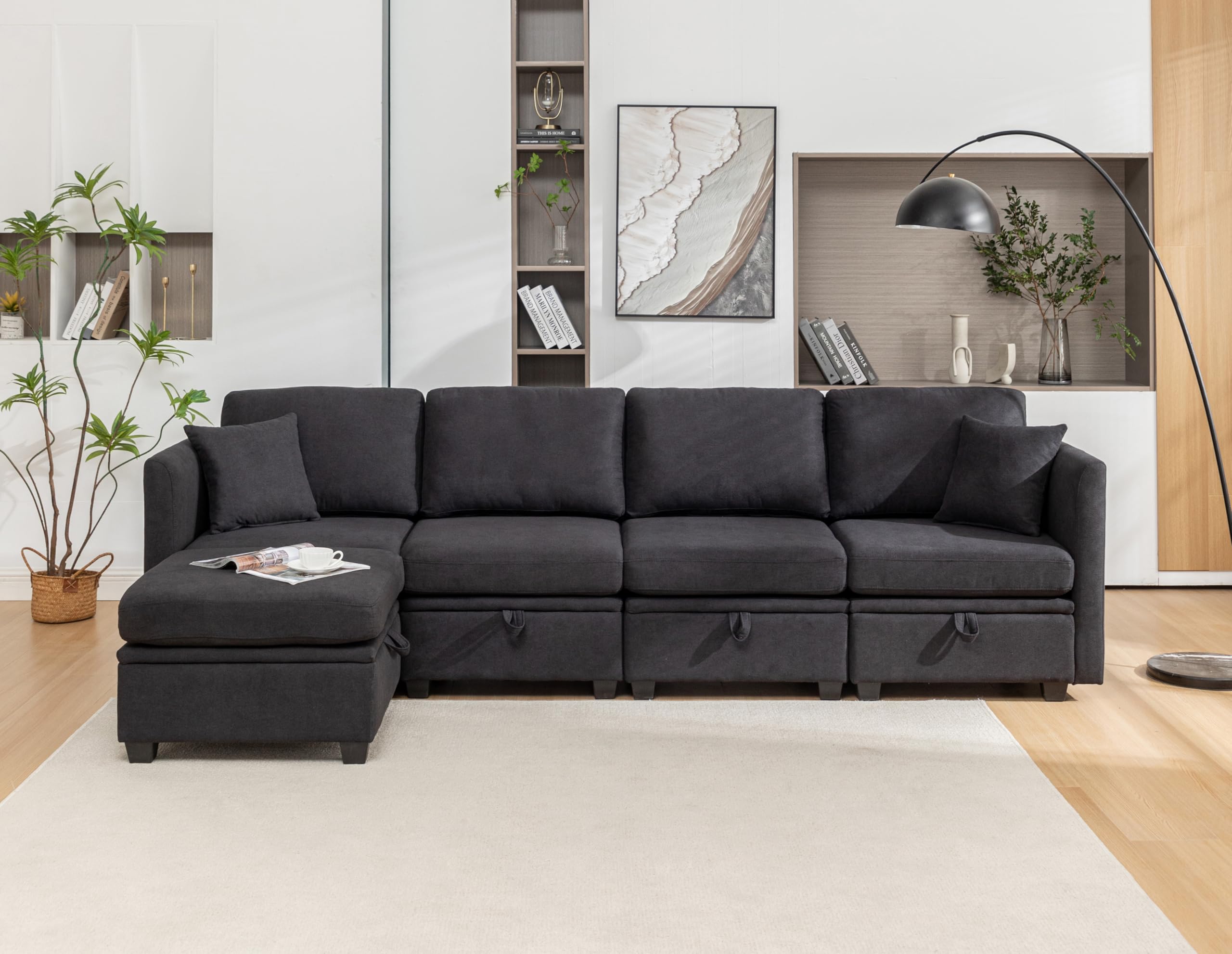 ZIGHTH Modular Sectional Living Room Sofa Couch Set, Convertible L Shaped Sofa Couch with Storage, 5 Seater Modular Sectionals Sofa Couch with Chaise and Adjustable Backrest. Dark Grey