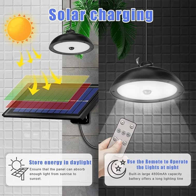 SyouHome Solar Pendant Lights, 78 LED 900LM Dual Head Solar Shed Lights with Motion Sensor/IP65 Waterproof/4 Modes, Solar Daytime Work Lights for Outdoor, Inside House, Garden, Patio, Barn, Shed