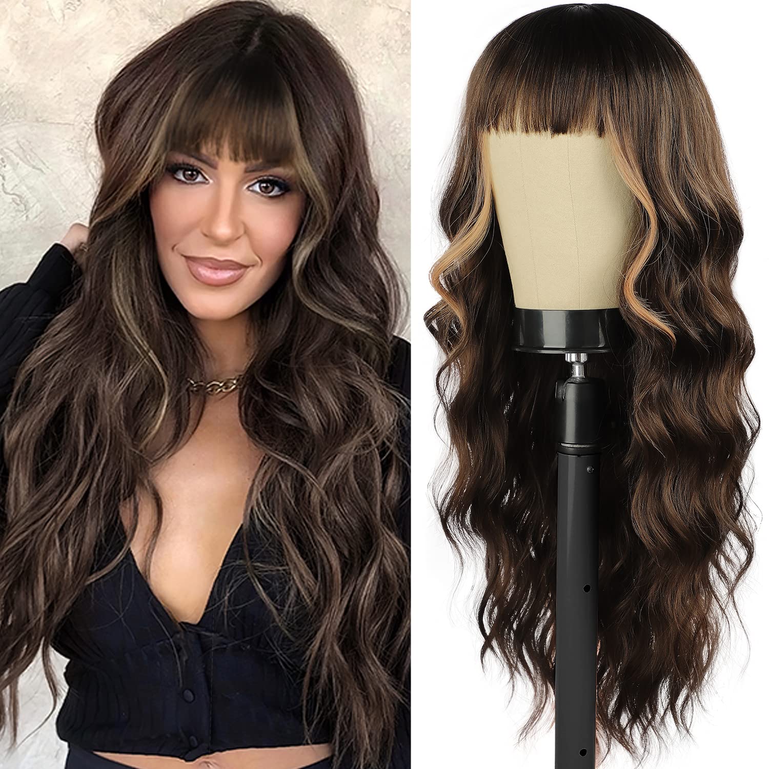 Vigorous Brown Wig With Bangs Long Wavy Wig for Women Synthetic Curly Wavy Wigs Brown Mixed Blonde color for Daily Party Use