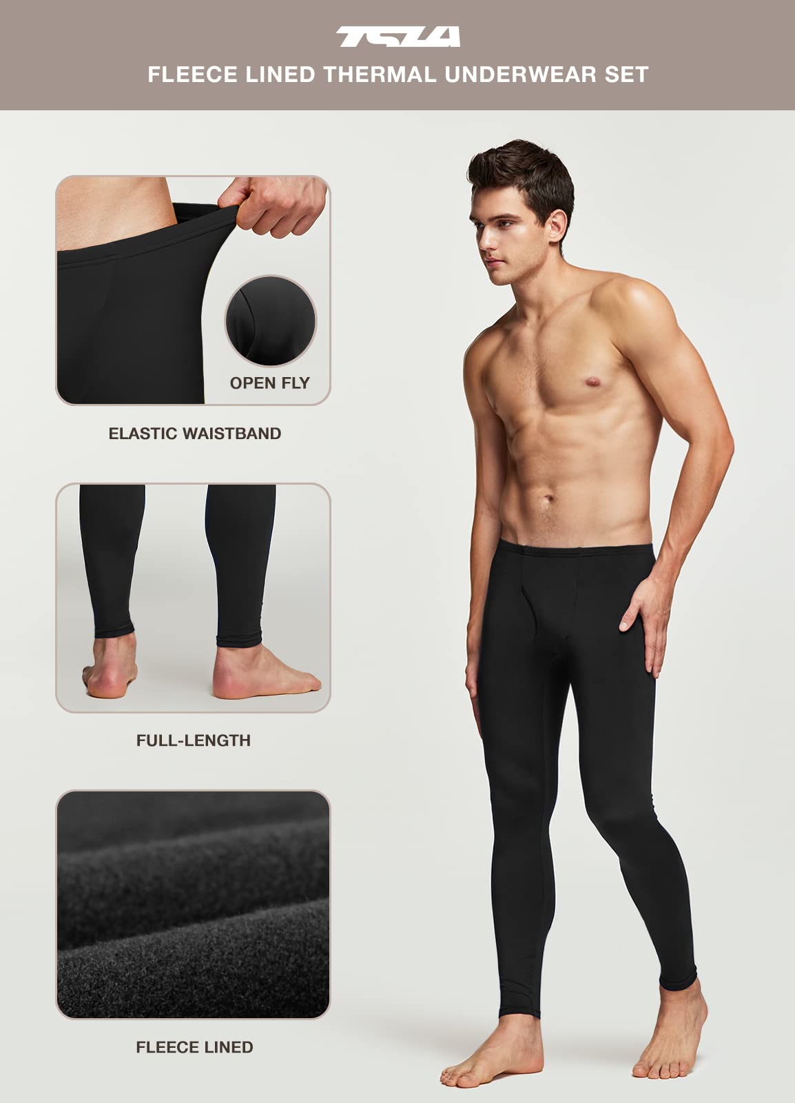 TSLA Men's Thermal Underwear Pants, Heated Warm Fleece Lined Long Johns Leggings, Winter Base Layer Bottoms, Thermal Fly-Front 2p Black/Hunting Camo, Medium