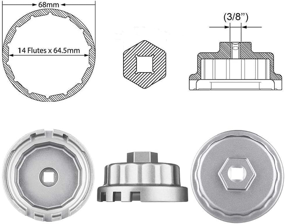 Oil Filter Wrench for Toyota,Lexus,RAV4,Camry,Cruiser,Avalon,Tacoma,Tundra,Highlander,Sienna-64mm 14 flute Oil Filter Cap Removal Tool