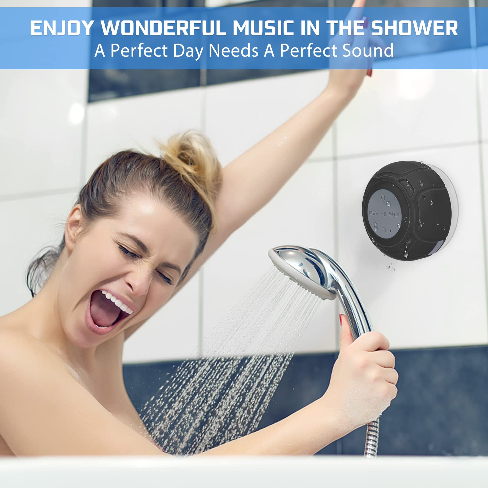 LUKADER Waterproof Bluetooth Shower Speaker Portable Wireless Water-Resistant Speaker Suction Cup,Built-in Mic Gifts for Kids Speakerphone Bathroom Kitchen - Blue