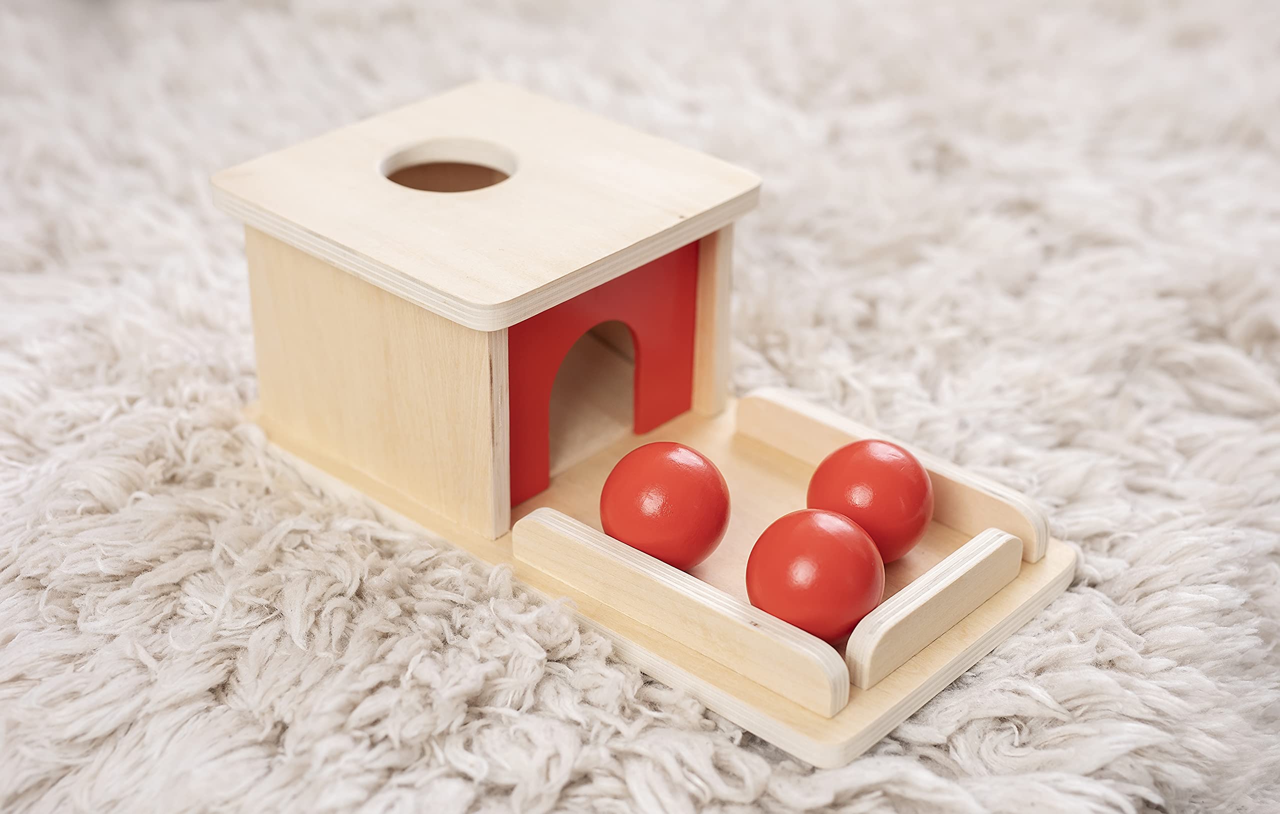 Montessori Object Permanence Box Wooden Toy Tray and Ball Drop w/ Three (3) Balls Baby First Learning Toys Imbucare Box