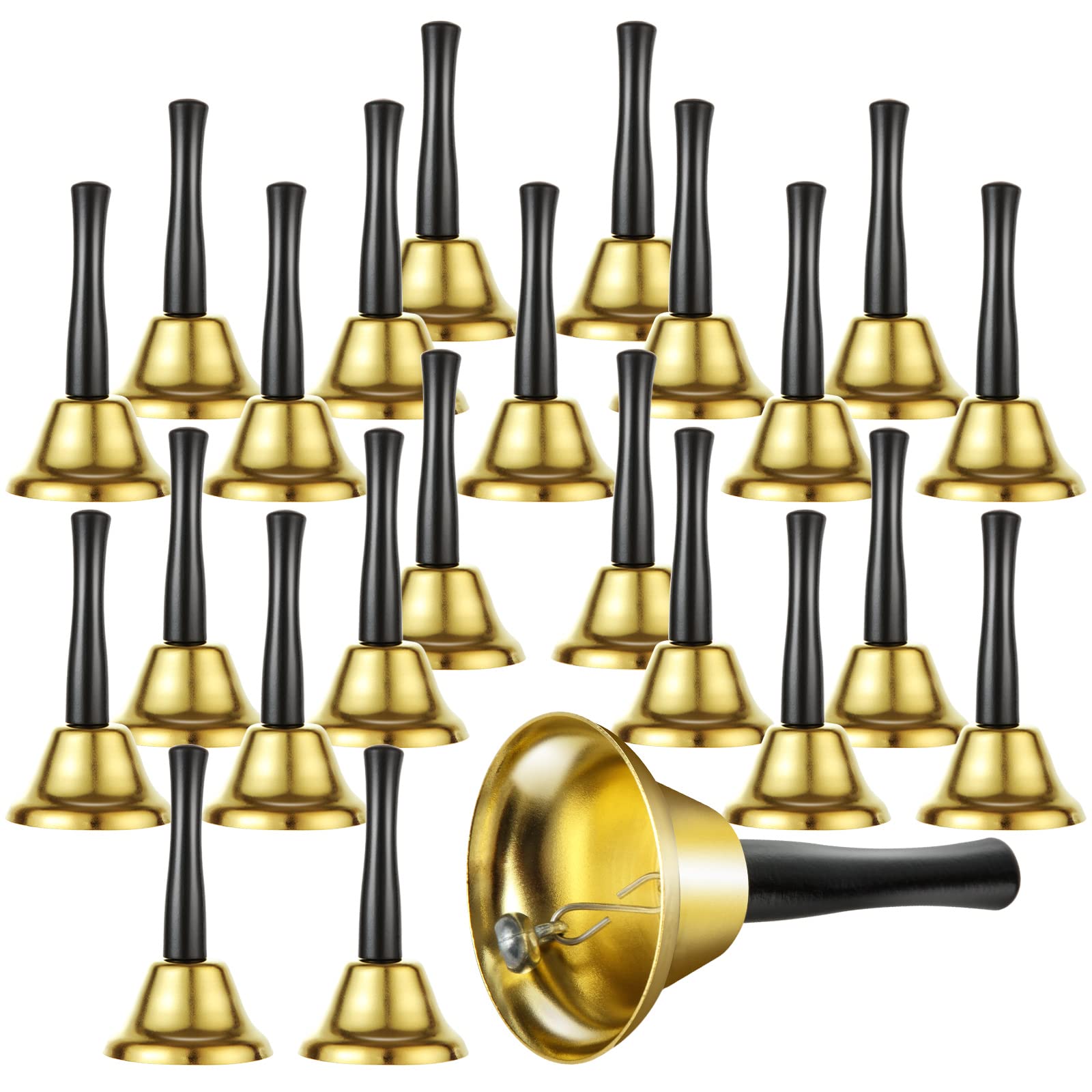 QTLCOHD 24Pcs Gold Hand Bells for Wedding Solid Brass Hand Bell Black Wooden Handle Handbells Metal Call Bells for Service Kid Adults