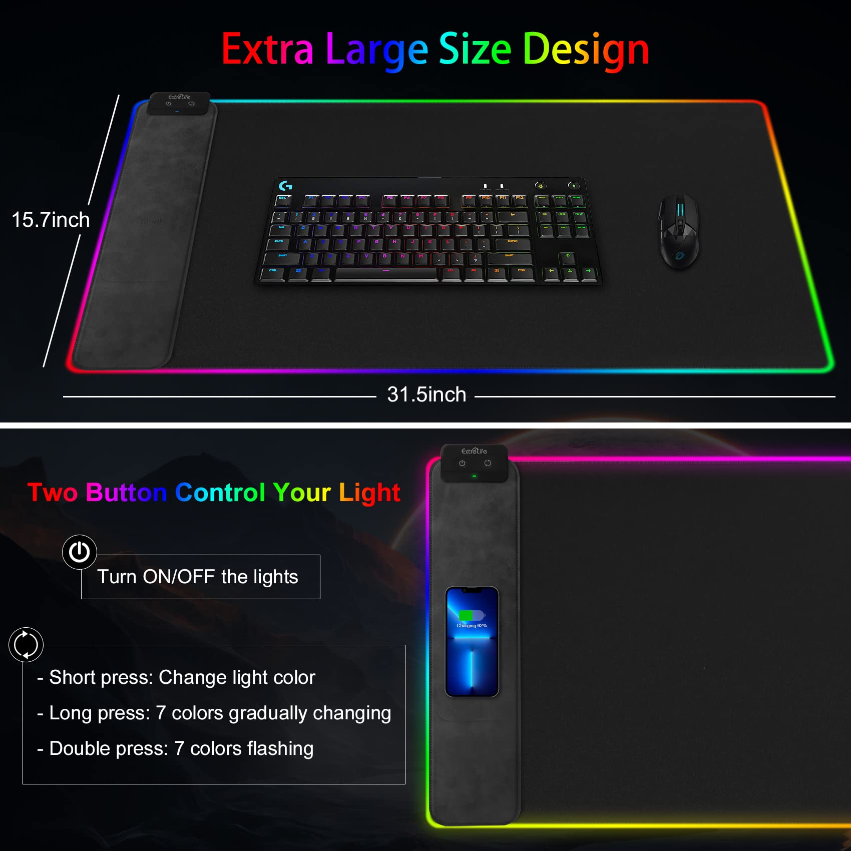 Wireless Charging RGB Gaming Mouse Pad, 31.5"x15.7" Large Desk Mat, Desk Pad with Wireless Charger, Non-Slip Rubber Base, Waterproof, Computer Keyboard Mat for Gamer, Office, Home, Black