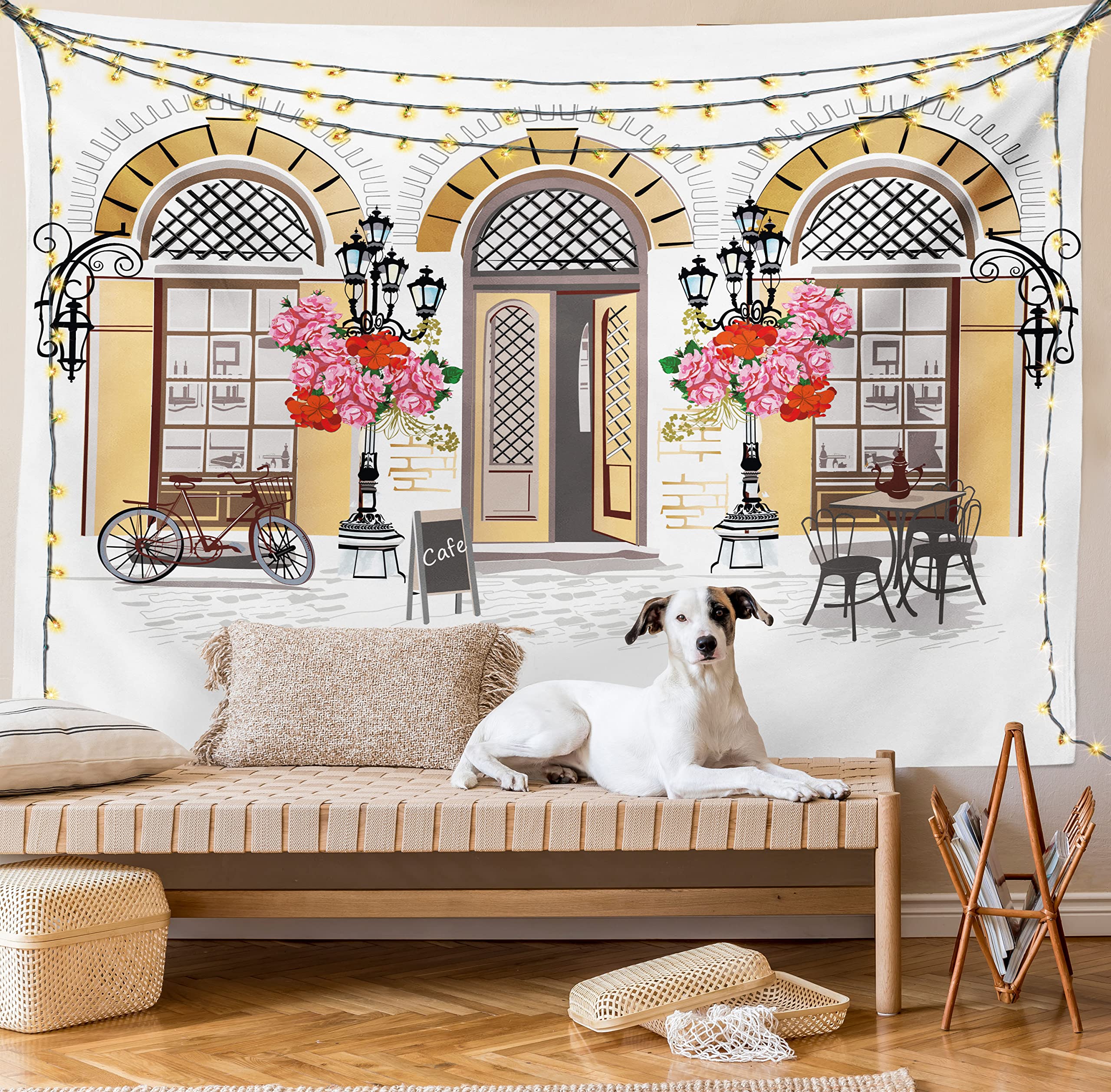 Lunarable Urban Tapestry, European Coffee Shop at Paris Streets with Flowerbeds and Lanterns Romantic Print, Wide Wall Hanging for Bedroom Living Room Dorm, 80" X 60", Multicolor