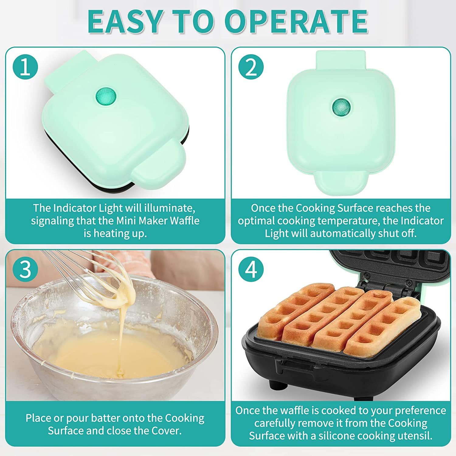 Mini Waffle Stick Maker, Easy to Clean, Non-Stick Surfaces, 4 Inch, Makes 4 Waffle Sticks, Ideal for Breakfast, Snacks, Desserts and More,Aqua,1400W