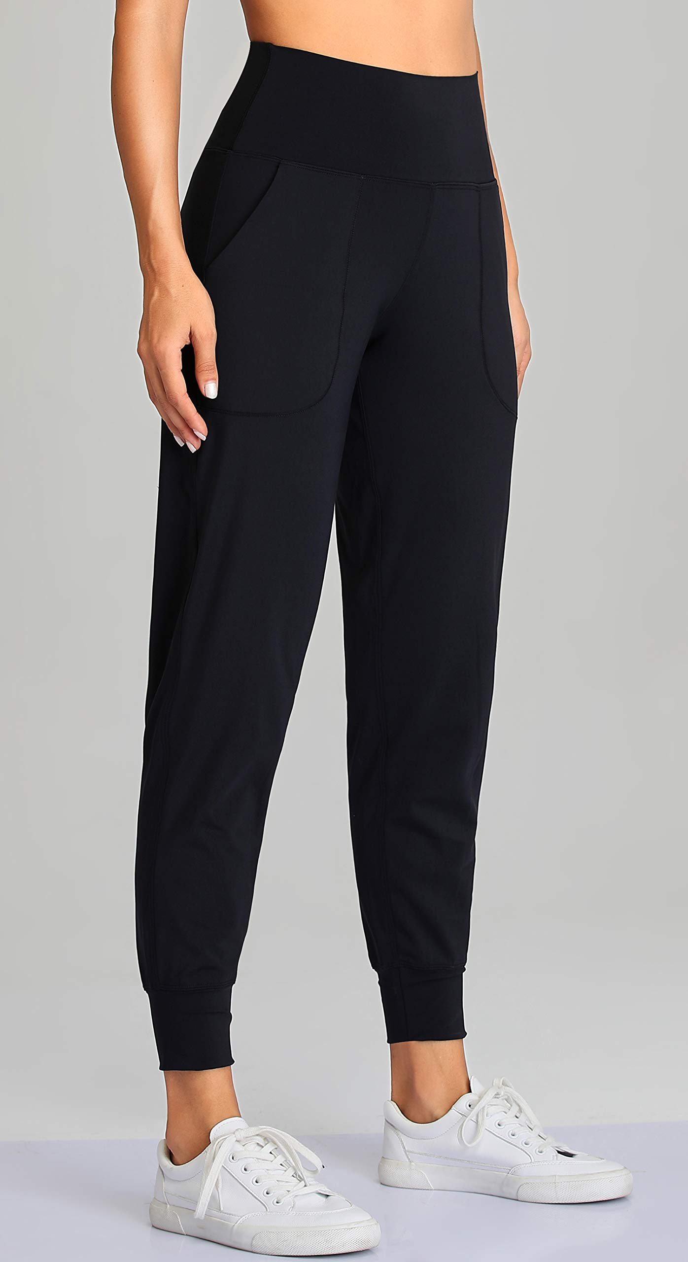 Oalka Women's Joggers High Waist Yoga Pockets Sweatpants Sport Workout Pants Black XL