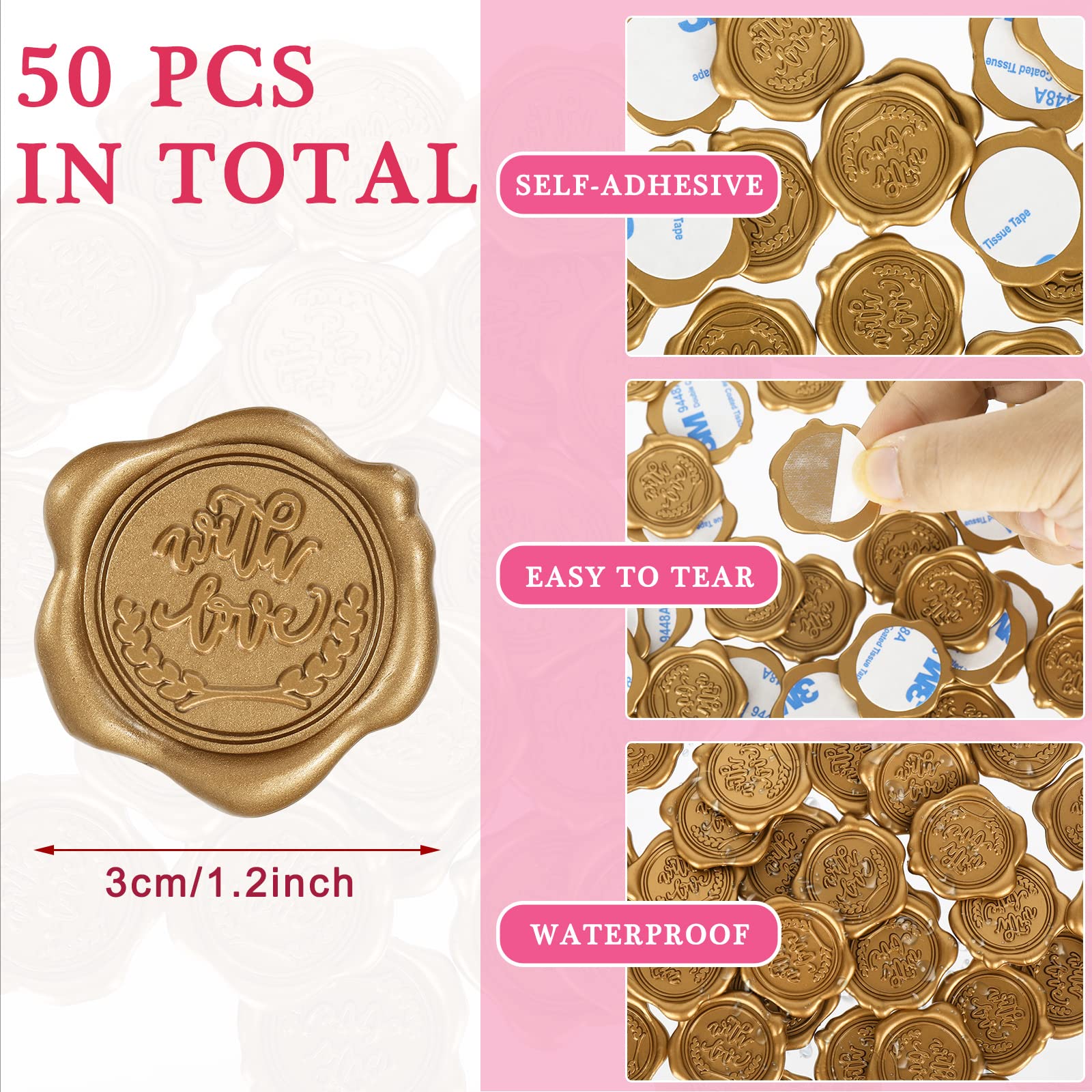 Whaline 50Pcs Gold Wax Seal Stickers with Love Stickers Envelope Sealing 3D Bronze with Love Self-Adhesive Embossed Stickers for Wedding Baby Shower Anniversary Invitation Cards Mails Gift Decor