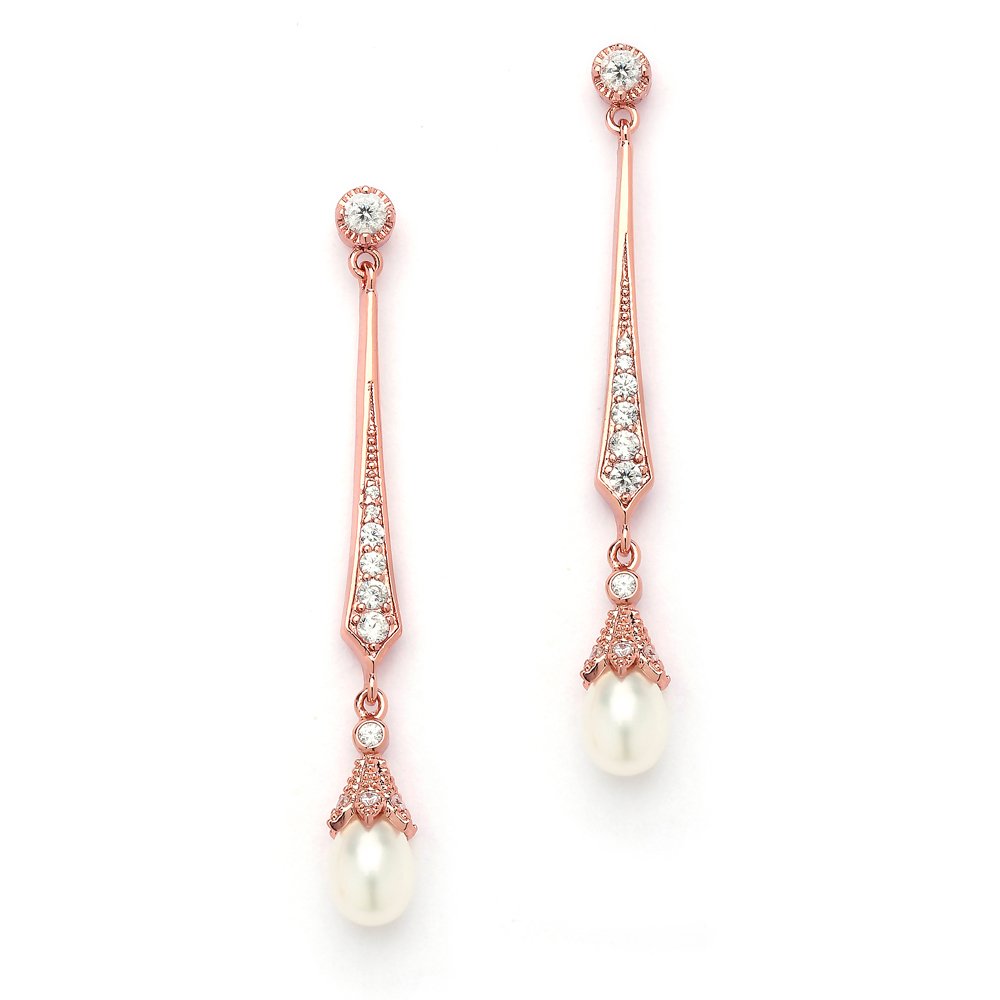 Mariell Rose Gold Freshwater Pearl Cubic Zirconia Dangle Earring for Brides, Wedding, Birthday Gift