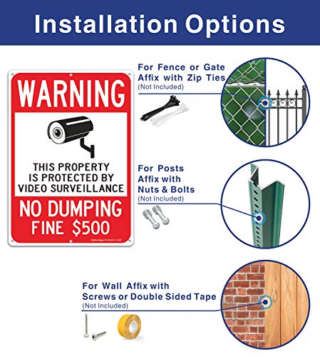 Warning No Dumping Fine $500 Sign, This Property Is Protected By Video Surveillance Sign, 14 x 10 Inches .040 Rust-Free Aluminum, UV Protected, Weather Resistant, Durable Ink, Easy to Mount (2 Pack)