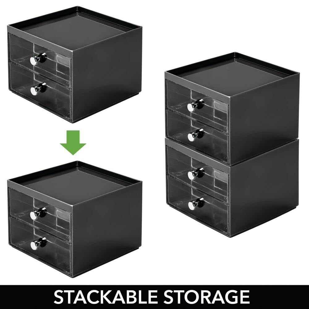 mDesign Stackable Plastic Eye Glass Storage Organizer Box Holder for Sunglasses, Reading Glasses, Lens Cleaning Cloths, and Accessories - 2 Divided Drawers, Chrome Pulls - Black/Clear