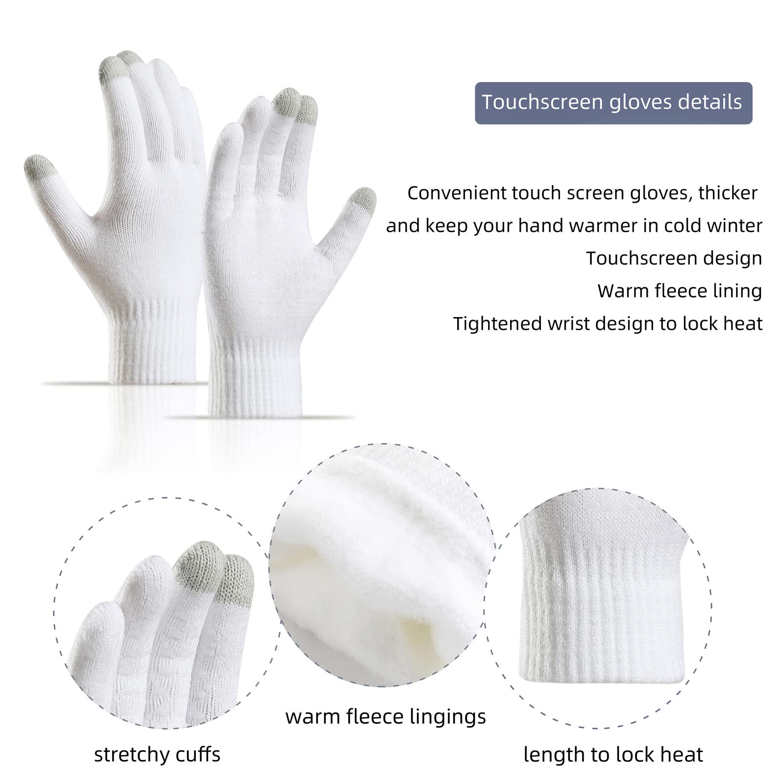 Pom Beanie Hat Scarf Gloves Set 3 in 1 Warm Thick Lining Slouchy Beanie Hats Scarf Touch Screen Gloves for Womens Girls (White)