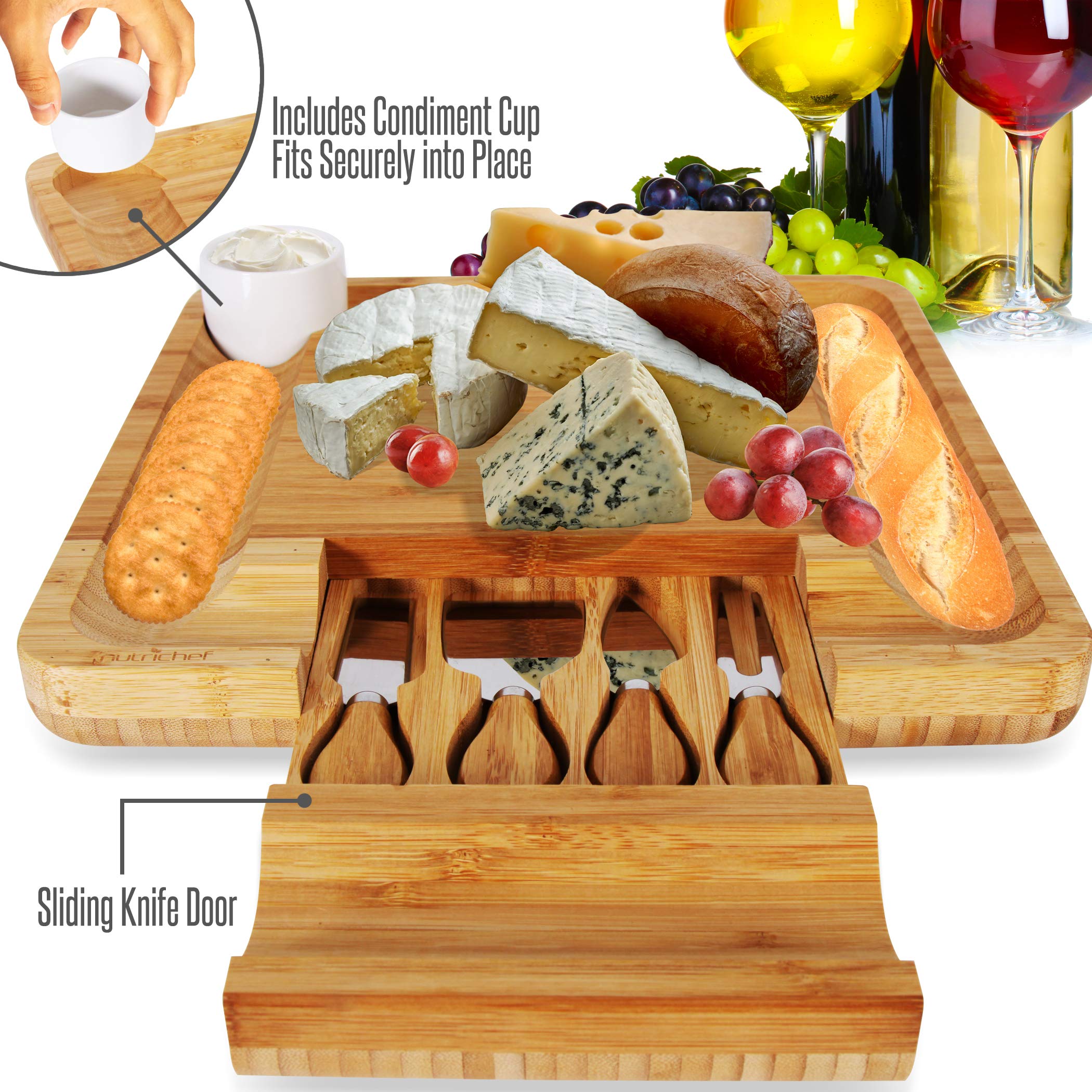 NutriChefKitchen Bamboo Cheese Board Set - Bonus Condiment Cup and 4 Stainless Steel Knives