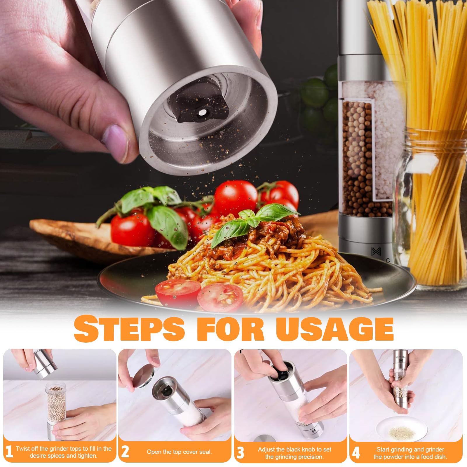 MDHAND Manual Salt and Pepper Grinder Set, 2 IN 1 Pepper Grinder & Salt Grinder with Adjustable Coarseness, Pepper Mill Shaker Salt and Pepper Grinder For Kitchen