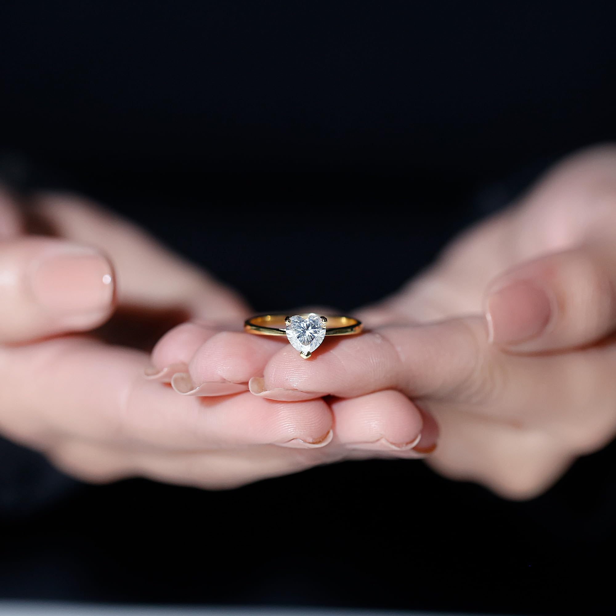 Rosec Jewels Certified Moissanite 7mm Heart Engagement Ring, D-Vs1 Quality, Moissanite Diamond Solitaire Ring - Ready To Gift, 14K Yellow Gold, Size:US 6.50
