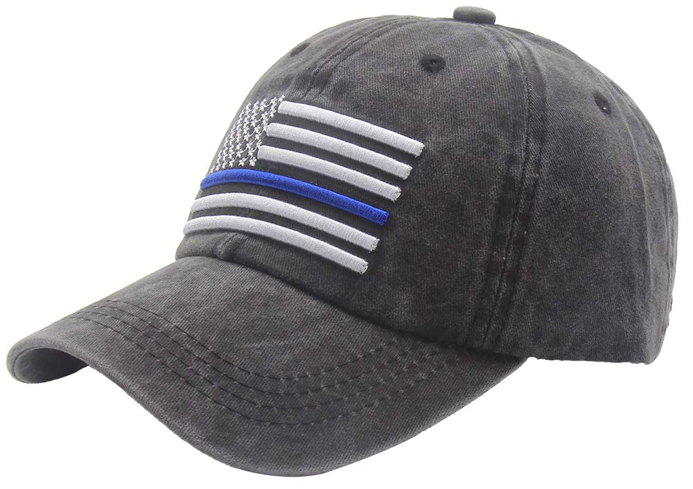 OASCUVER Men's Embroidered Thin Blue Line American Flag Hat Cotton Adjustable Baseball Cap Dad Hat (Thin Blue Line Embroidered Black, one Size)