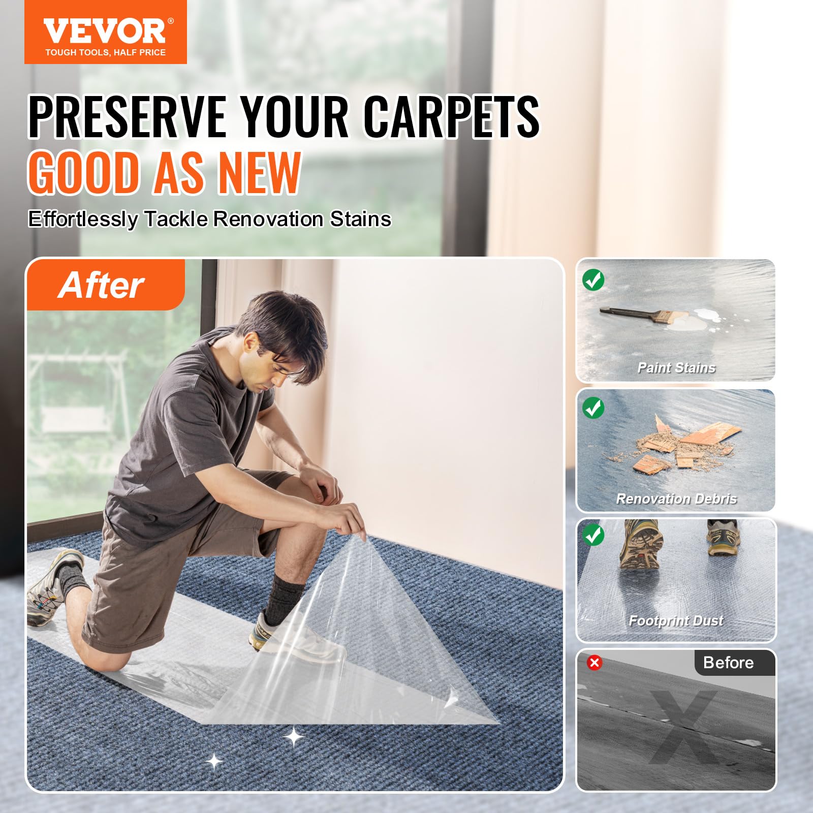 VEVOR Carpet Protection Film, 24" x 200' roll. Temporary Carpet Protective Covering Film, Heavy Duty Clear Self Adhesive Carpet Protector