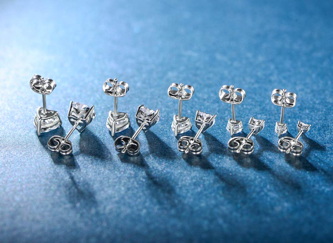 MDFUN 18K White Gold Plated Heart Shape Cut Cubic Zirconia Birthstone Stud Earring Pack of 5 Pairs (4-April-Diamond)