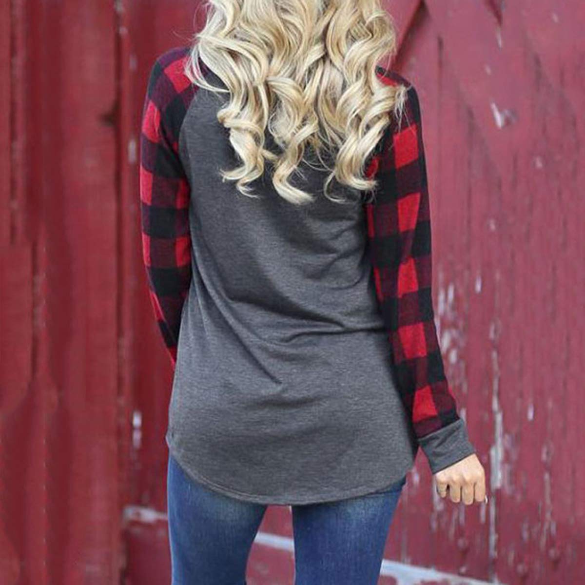 Merry Christmas Gnomes Sweatshirt Women Long Sleeve Plaid Leopard Santa Hat Christmas Trees Graphic Raglan Shirts Blouse(S, Grey2)