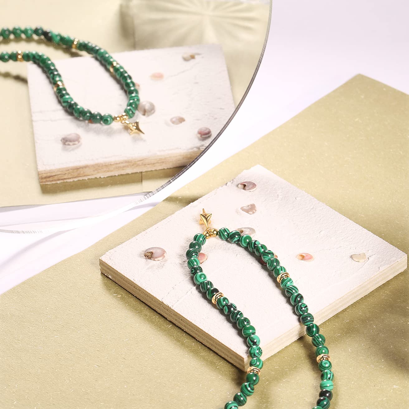 PEARLADA Boho Malachite Beaded Choker, Chakra Gemstone Necklace for Women, 18k Gold Star Charm Pendant Necklace