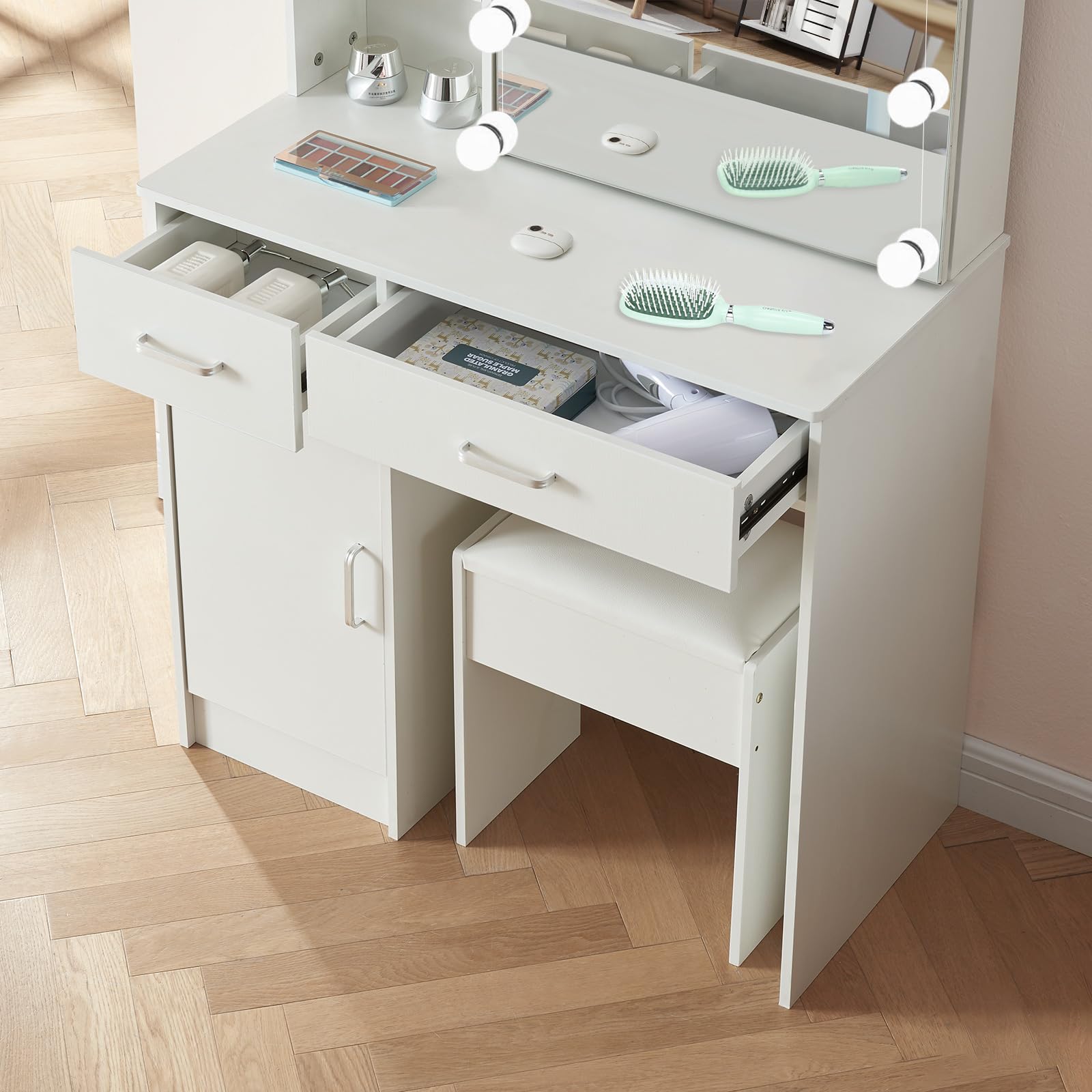 Large 35.4inch(L) Girls Vanity Desk with Lighted Mirror and Cushioned Stool, Makeup Vanity with 6 Storage Shelves, Drawers and Large Cabinet, 3 Lighting Modes Vanity Set for Bedroom