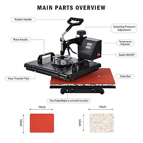 Pro 8 in 1 Heat Press Machine 12x15 Combo Teflon-Coated, Upgrade Slide Out Drawer Tshirt Press, Premium Aluminum Hat Press, Multifunction Swing Away Heat Transfer Press for T Shirts/Cap/Mug/Plate