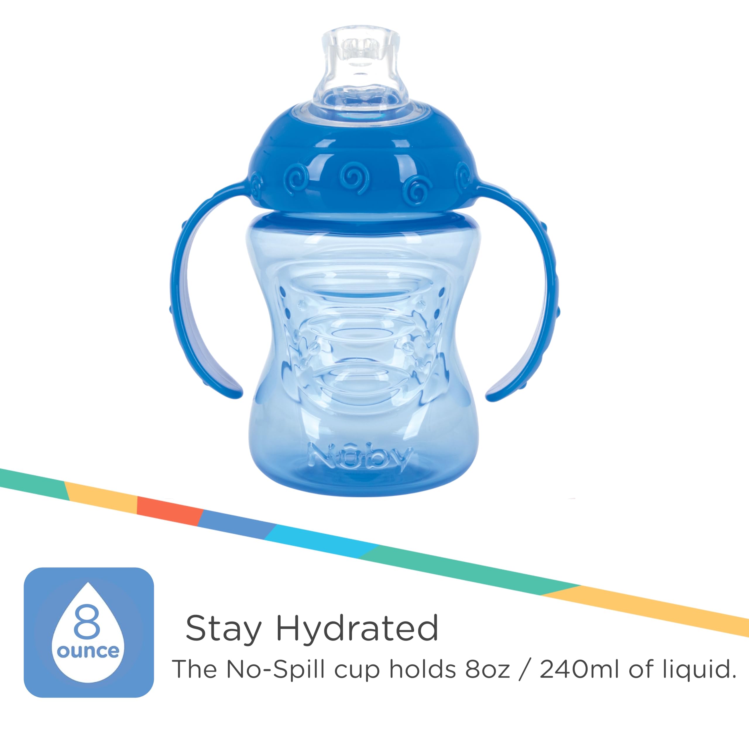 Nuby 3 Pack Two Handle No Spill Toddler Sippy Cups - Toddler Cups Spill Proof with Easy and Firm Grip - BPA Free Toddlers Cups - Aqua, Blue, Green
