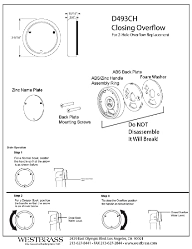 Westbrass D493CH-07 Patented Deep Soak Round Replacement 2-Hole Bathtub Overflow Cover for Full and Over-Filled Closure, Satin Nickel