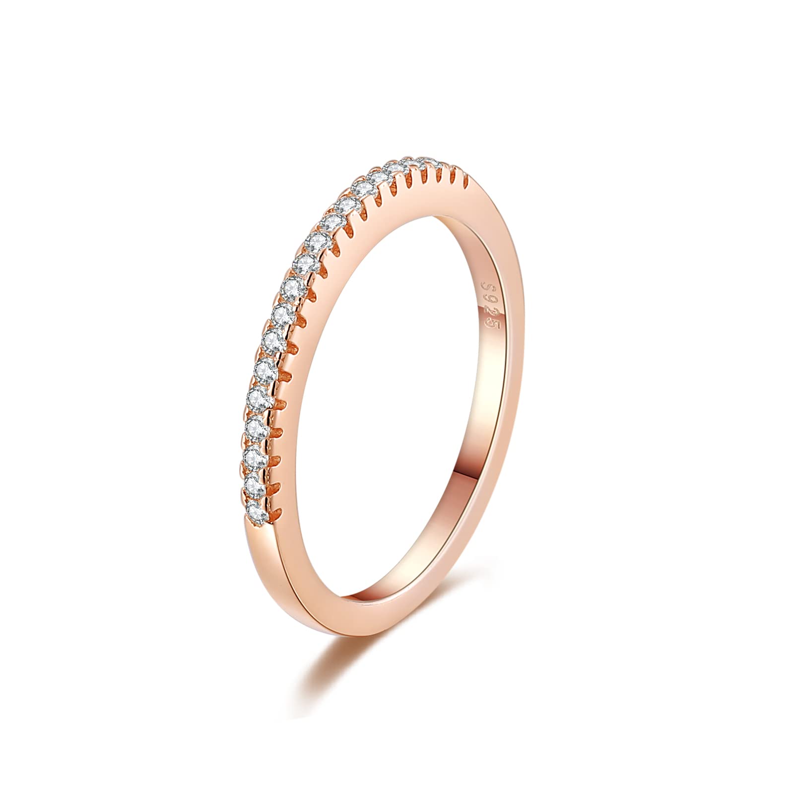 SILBERTALE 925 Sterling Silver 2MM Thin Rose Gold CZ Simulated Diamond Cubic Zirconia Ring Eternity Band Midi Knuckle Finger Engagement Wedding Band Stackable Rings For Her Size 6.5