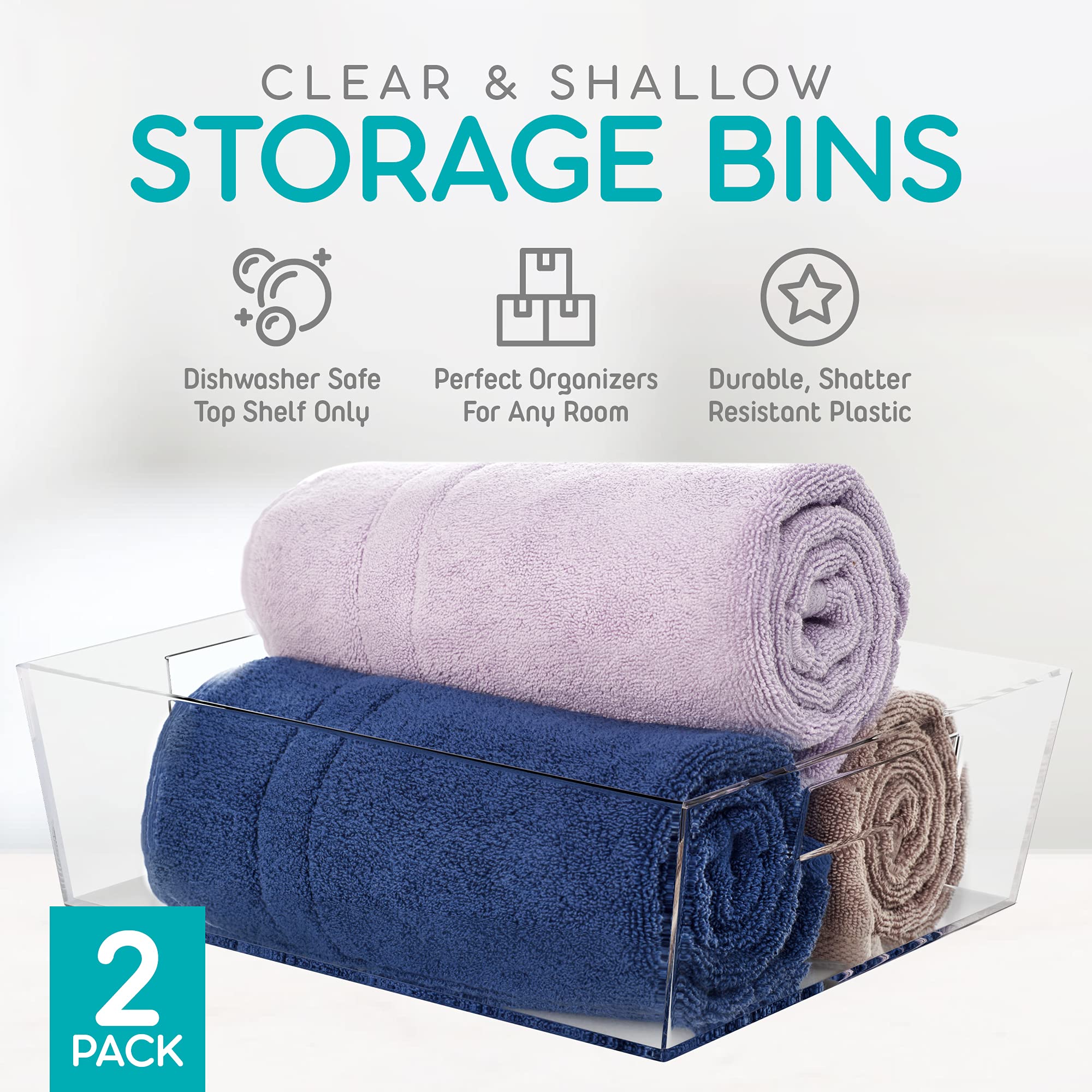 Richards Homewares Shallow Clear Storage Bins-Set of 2 β Pantry, Kitchen Plastic Containers for Organizing Fridge, Drawers 13β x 11.4β x 4.1