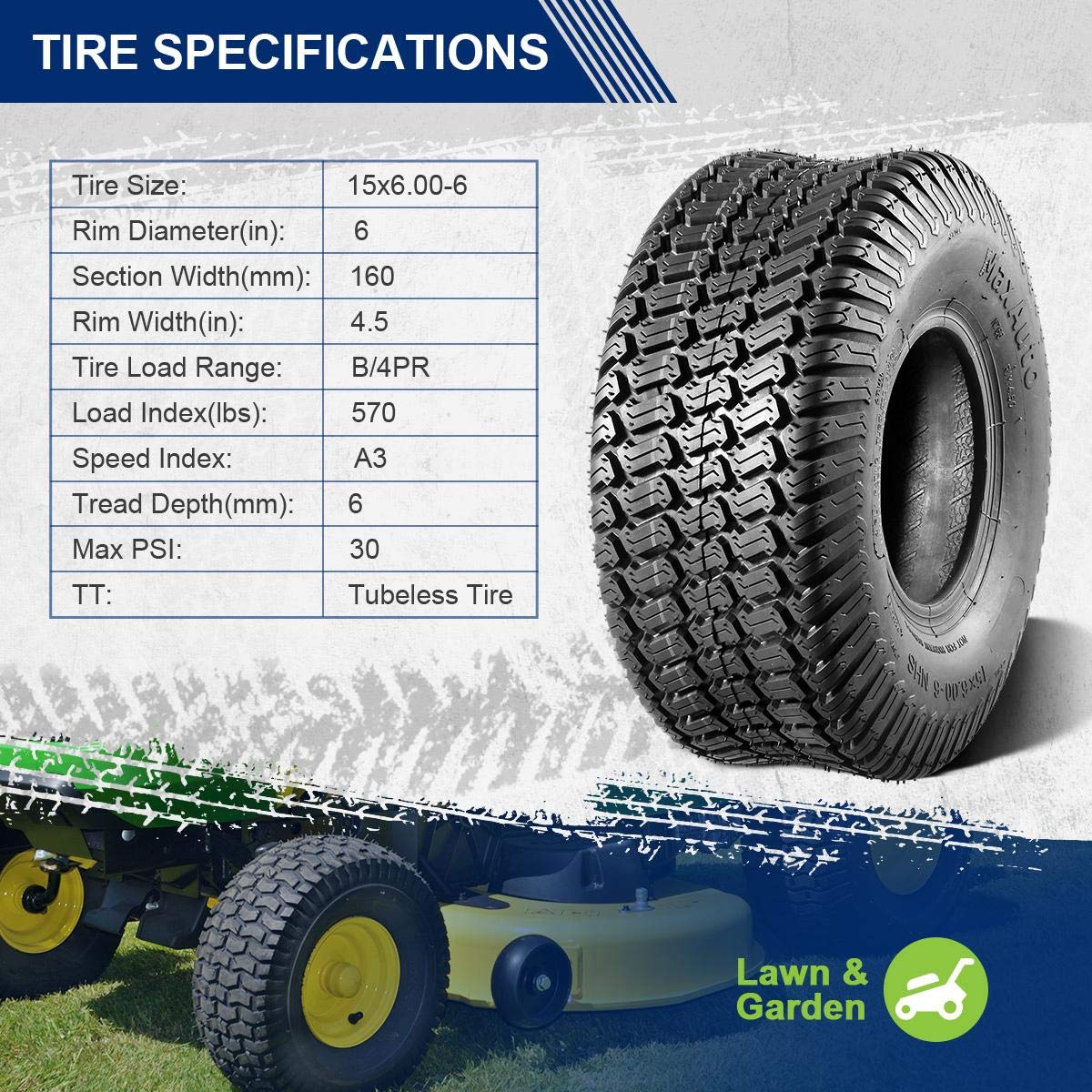 MaxAuto 2 Pcs 15x6.00-6 Front Lawn Mower Tire for Garden Tractor Riding Mover, 4PR