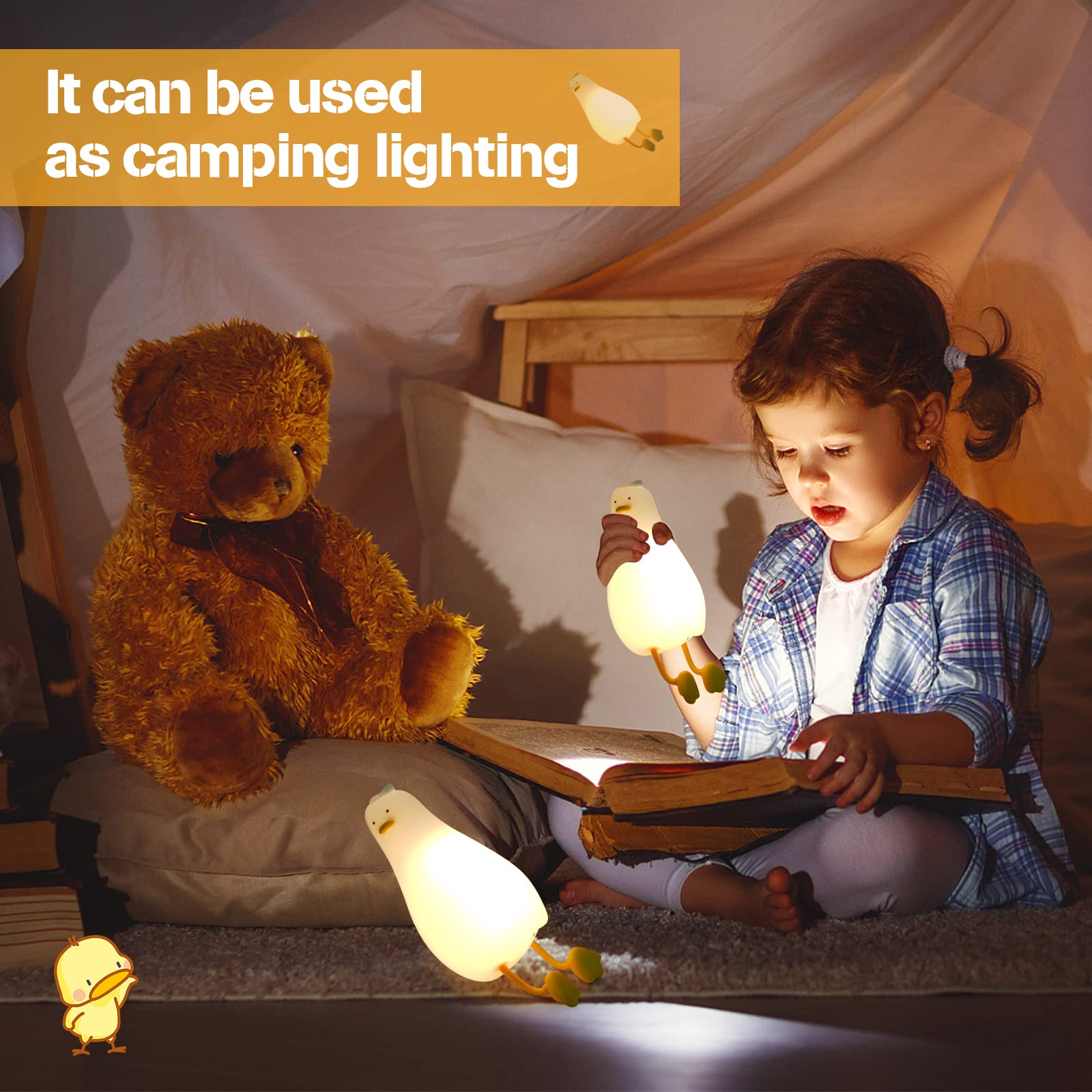 WTORSLD Lying Flat Duck Night Light,Animal Night Light,Adorable Rechargeable Duck Night Light for Kids - Adjustable Brightness, Timer, and Touch Control Breastfeeding Bedside Touch Night Light。