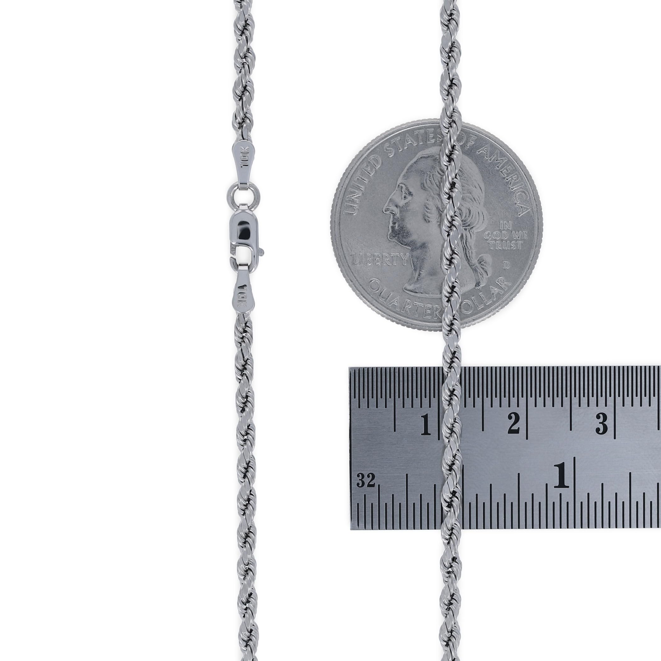 Nuragold 10k White Gold 2.5mm Rope Chain Diamond Cut Pendant Necklace, Mens Womens Jewelry 16" 18" 20" 22" 24" 26" 28" 30"